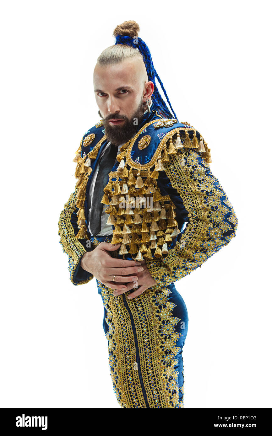 Torero in blue and gold suit or typical spanish bullfighter isolated ...