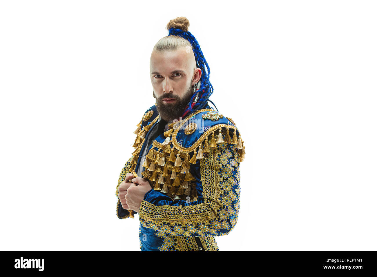 Torero in blue and gold suit or typical spanish bullfighter isolated ...