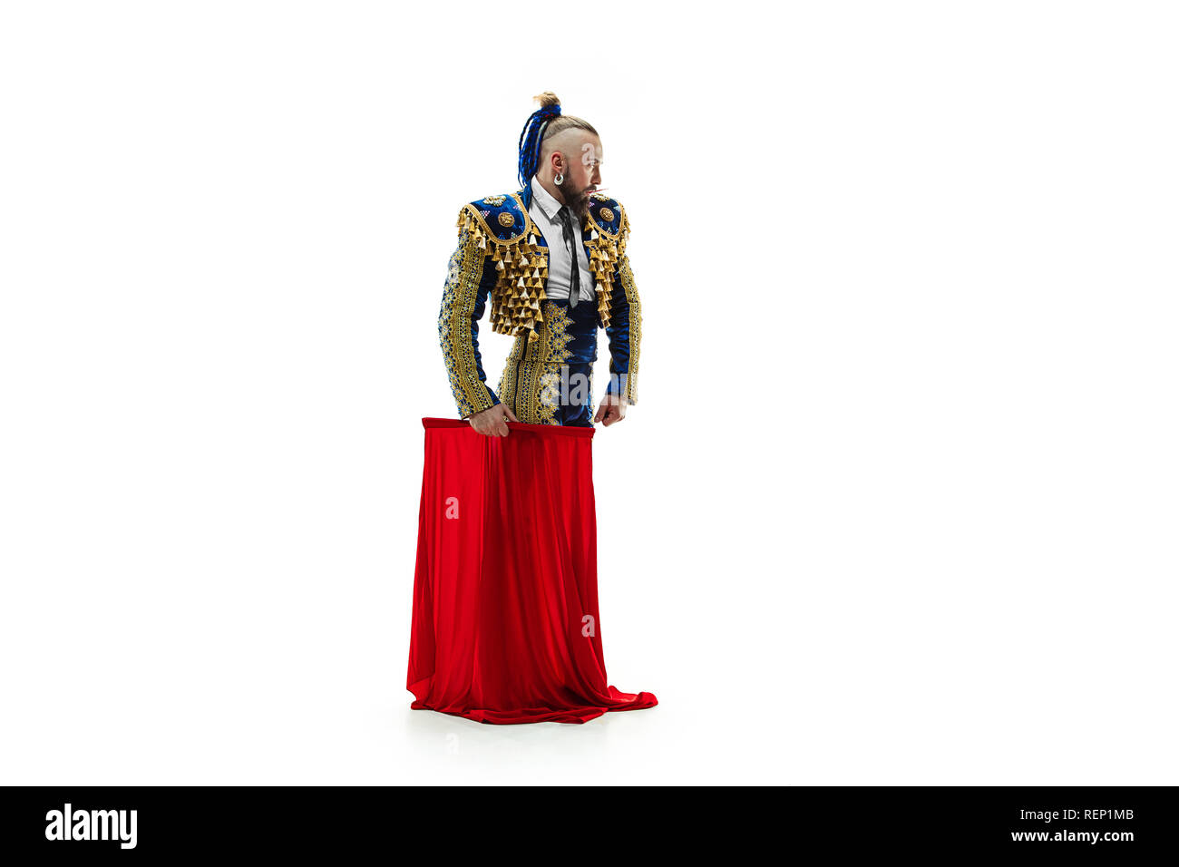 Torero in blue and gold suit or typical spanish bullfighter isolated ...