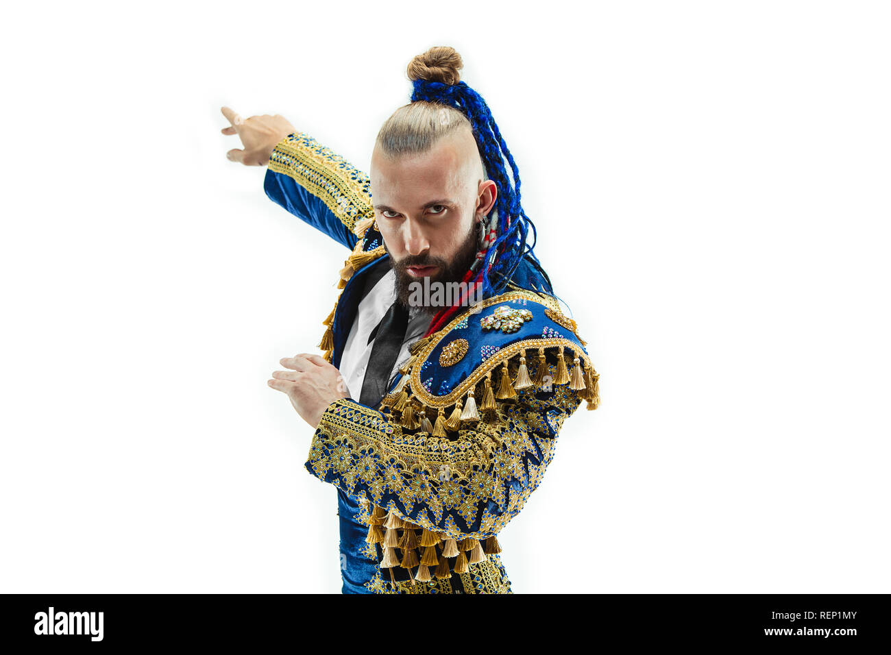 Torero in blue and gold suit or typical spanish bullfighter isolated ...