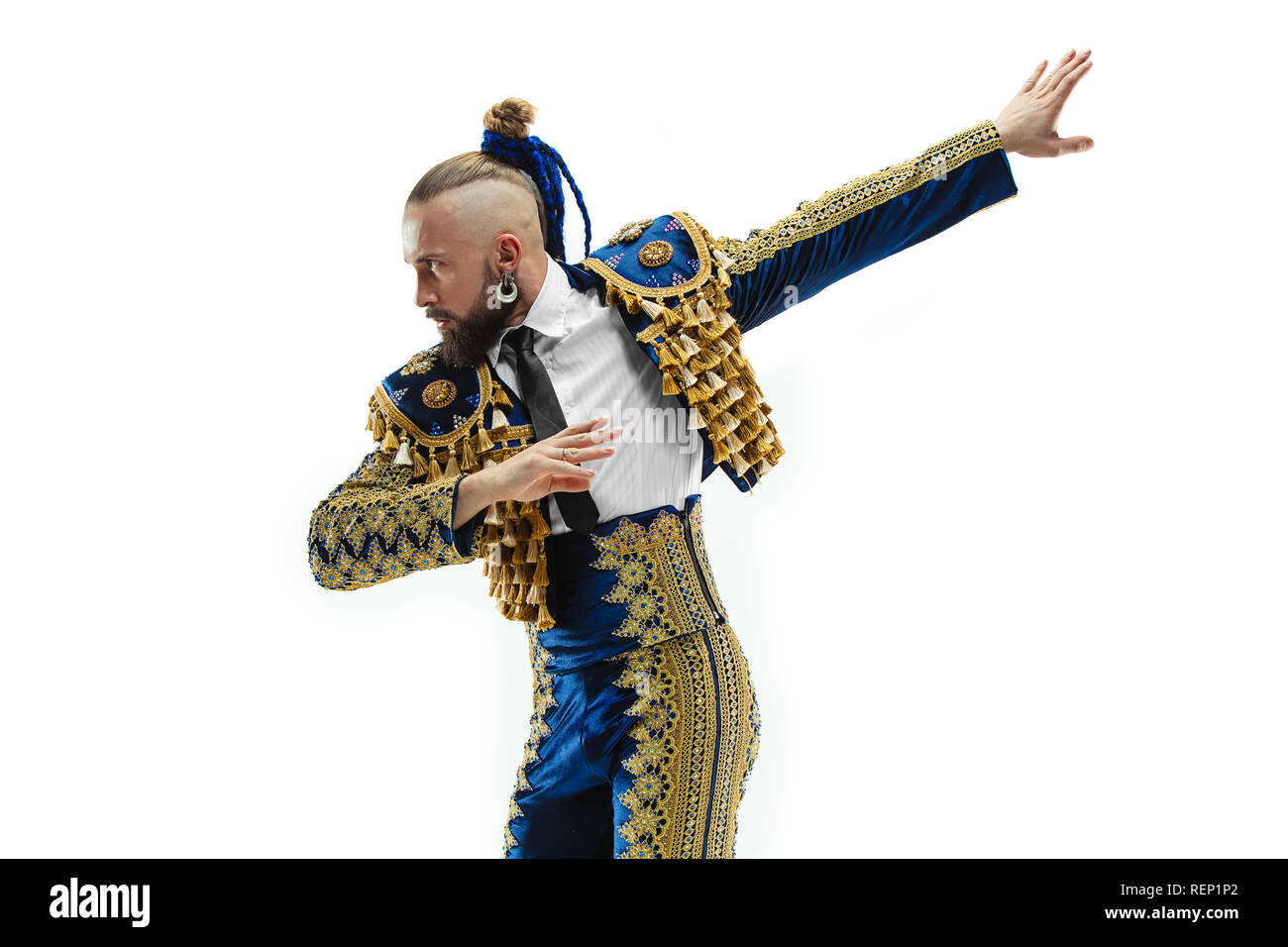 Torero in blue and gold suit or typical spanish bullfighter isolated ...