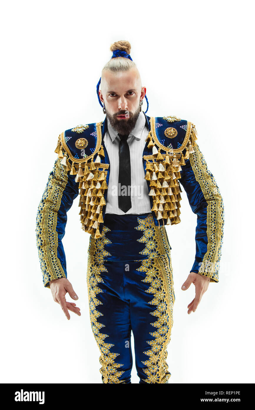 Torero in blue and gold suit or typical spanish bullfighter isolated ...