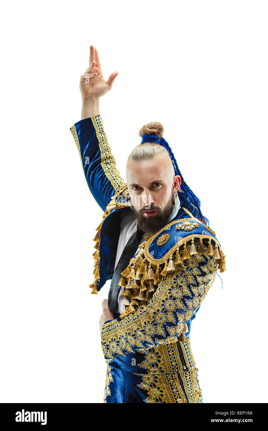 Torero in blue and gold suit or typical spanish bullfighter isolated ...