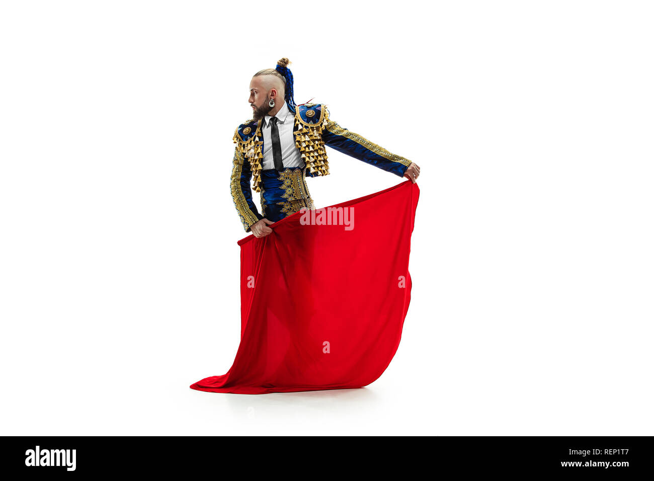 Torero in blue and gold suit or typical spanish bullfighter isolated ...