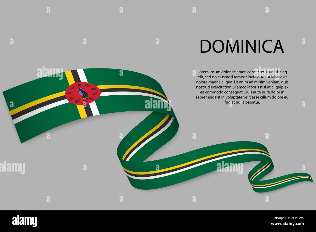 Waving ribbon or banner with flag of Dominica. Template for ...