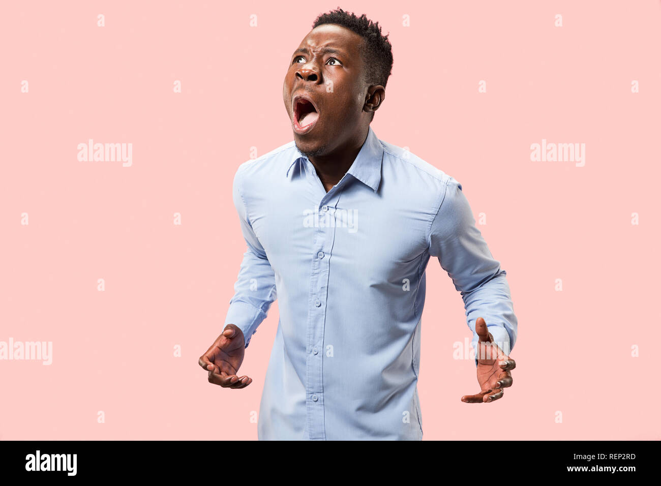 Screaming, hate, rage. Crying emotional angry man screaming on pink ...