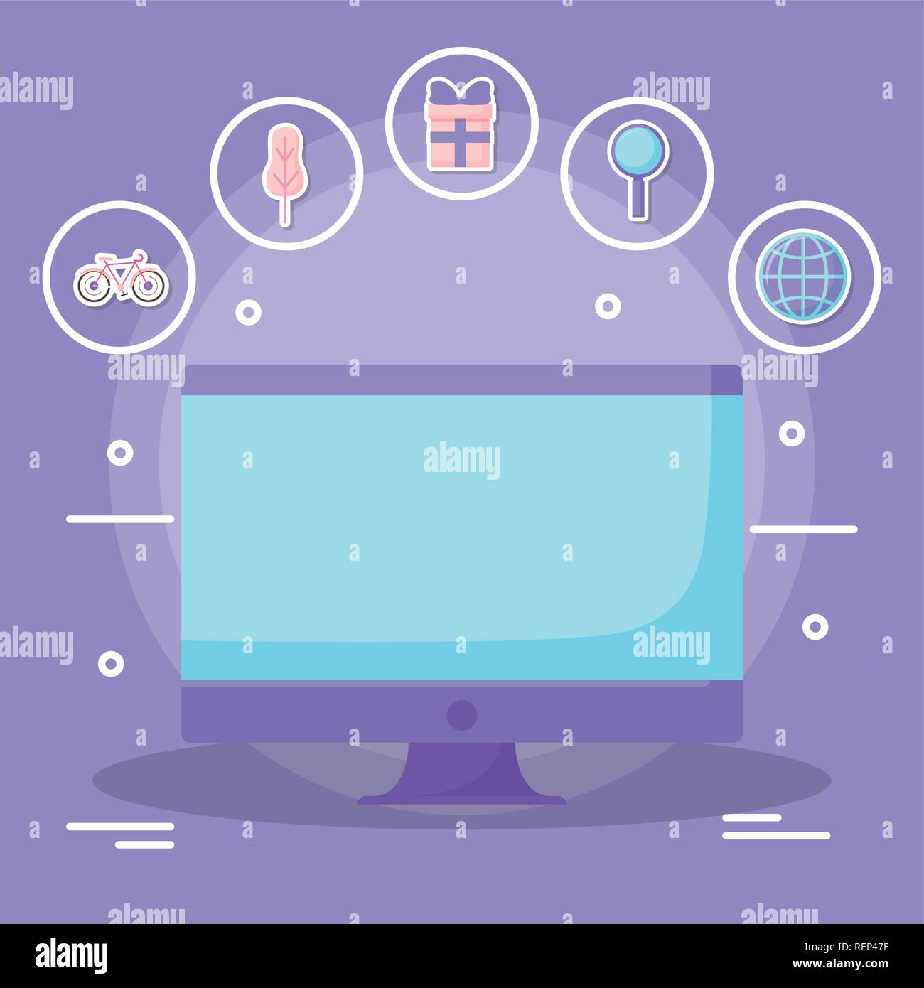 computer and related icons around Over purple background, vector ...