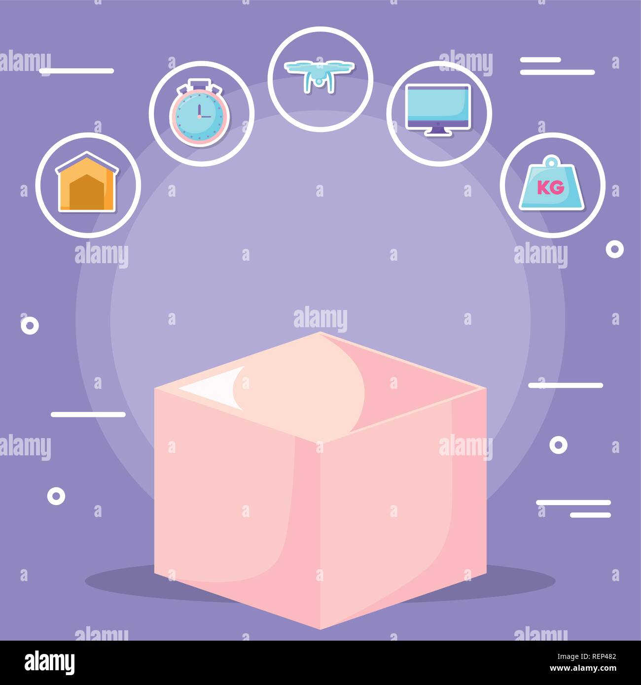 box with delivery related icons Over purple background, vector ...