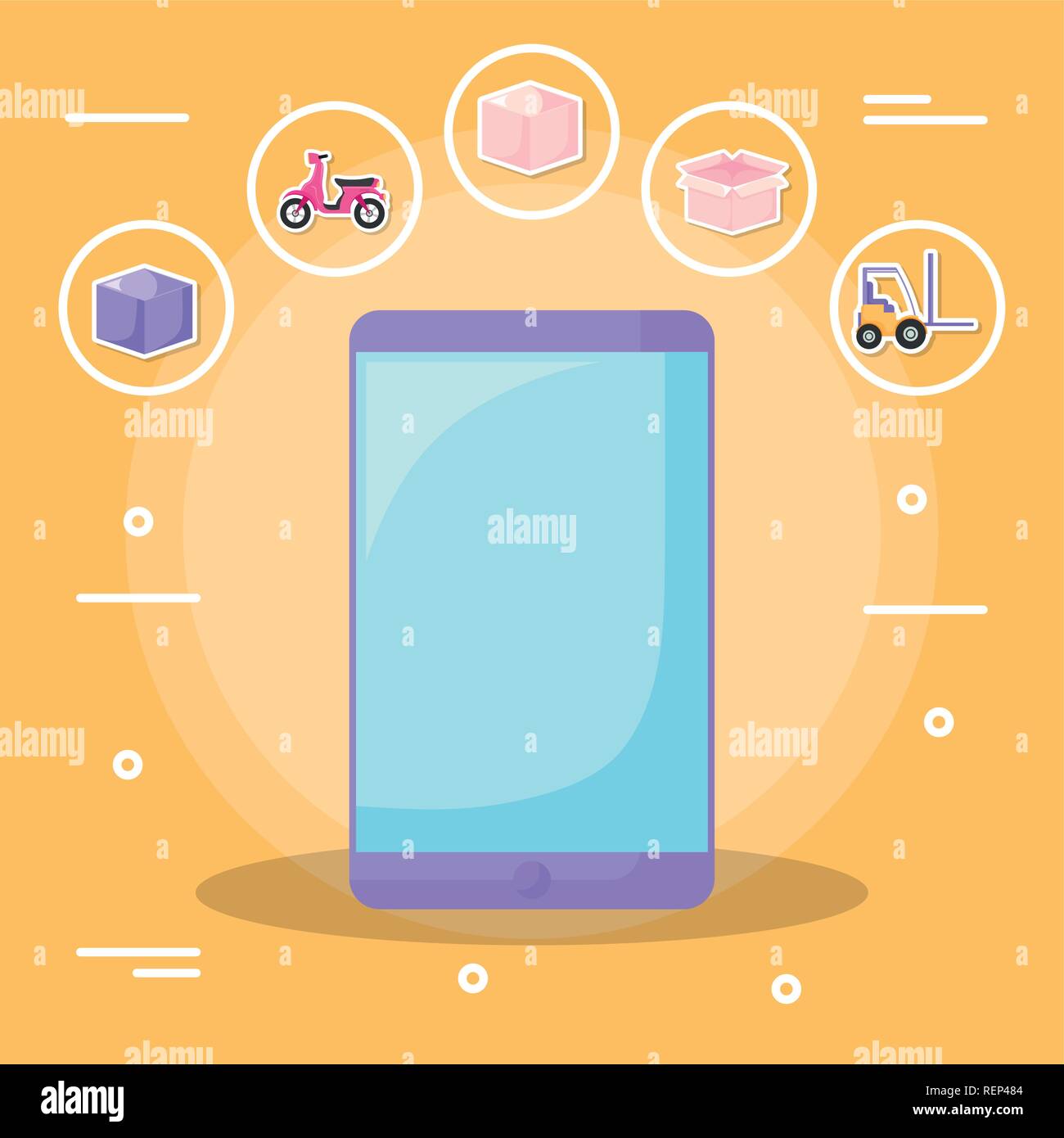 Smartphone device with delivery related icons Over yellow background ...