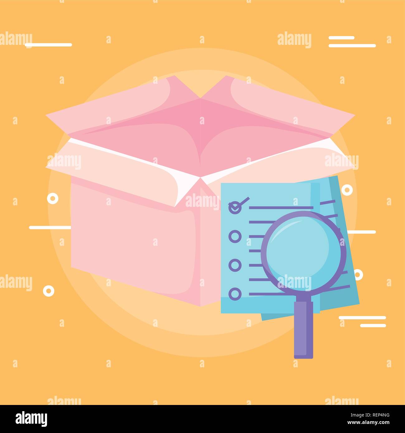 Box with checklist and magnifying glass Over yellow background, vector ...