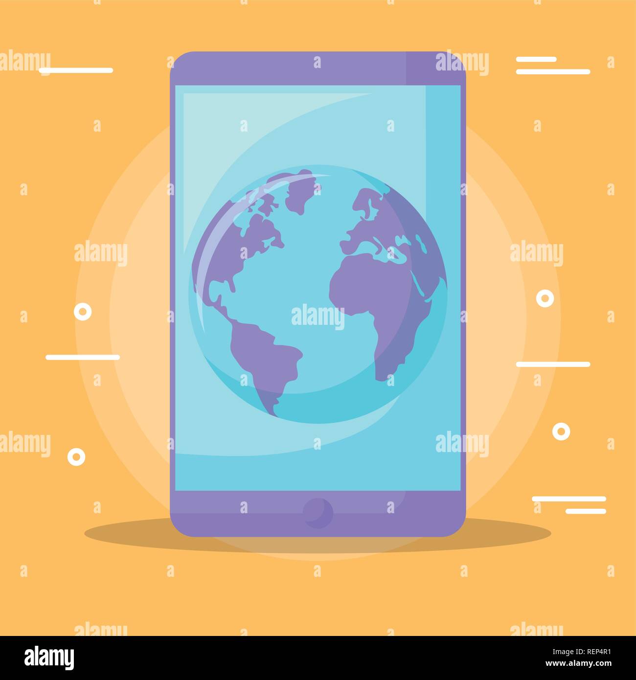 Smartphone device with earth planet icon on screen Over yellow ...