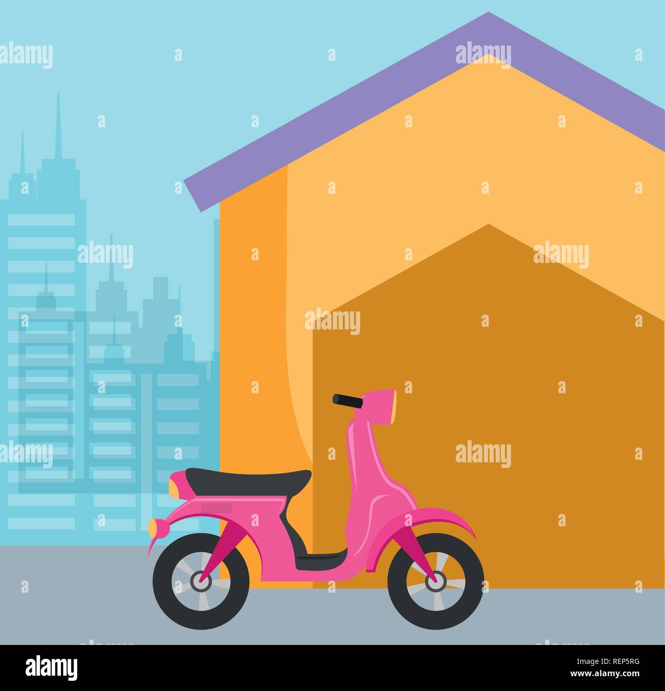 Motorcycle and house over blue background, vector illustration Stock ...