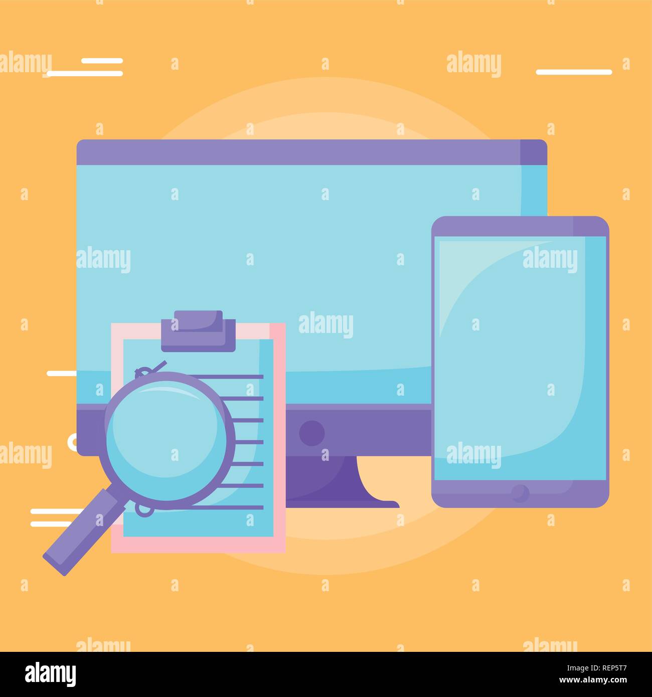 Computer with magnifying glass and checklist over yellow background ...