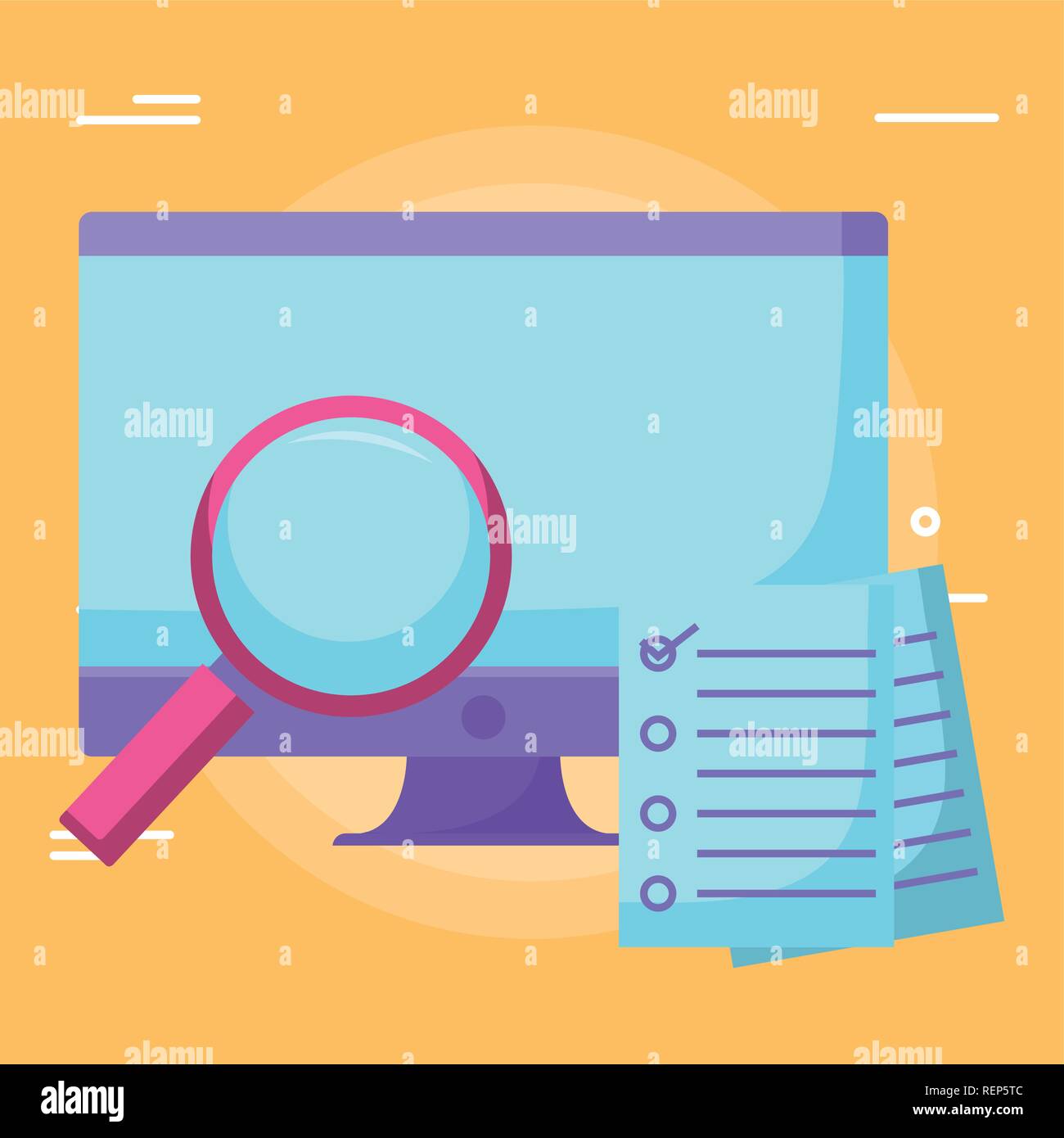 Computer with magnifying glass and checklist over yellow background ...