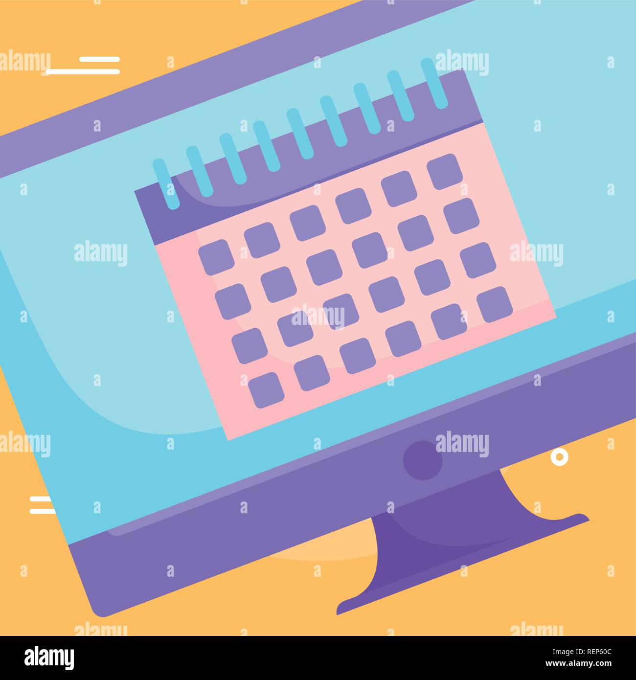 Computer with calendar icon on screen Over yellow background, vector ...
