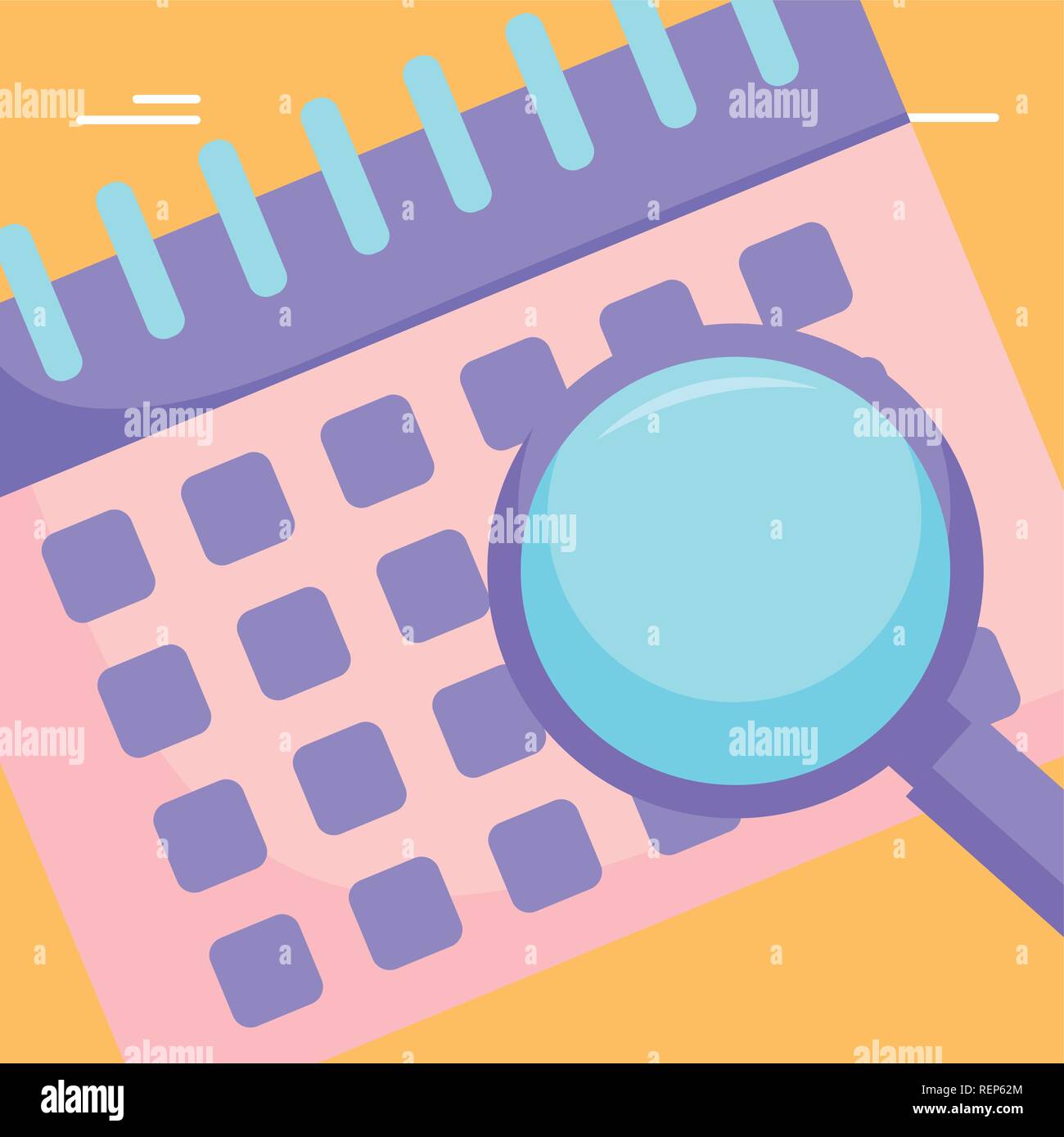 calendar planner and magnifying glass Over yellow background, vector ...