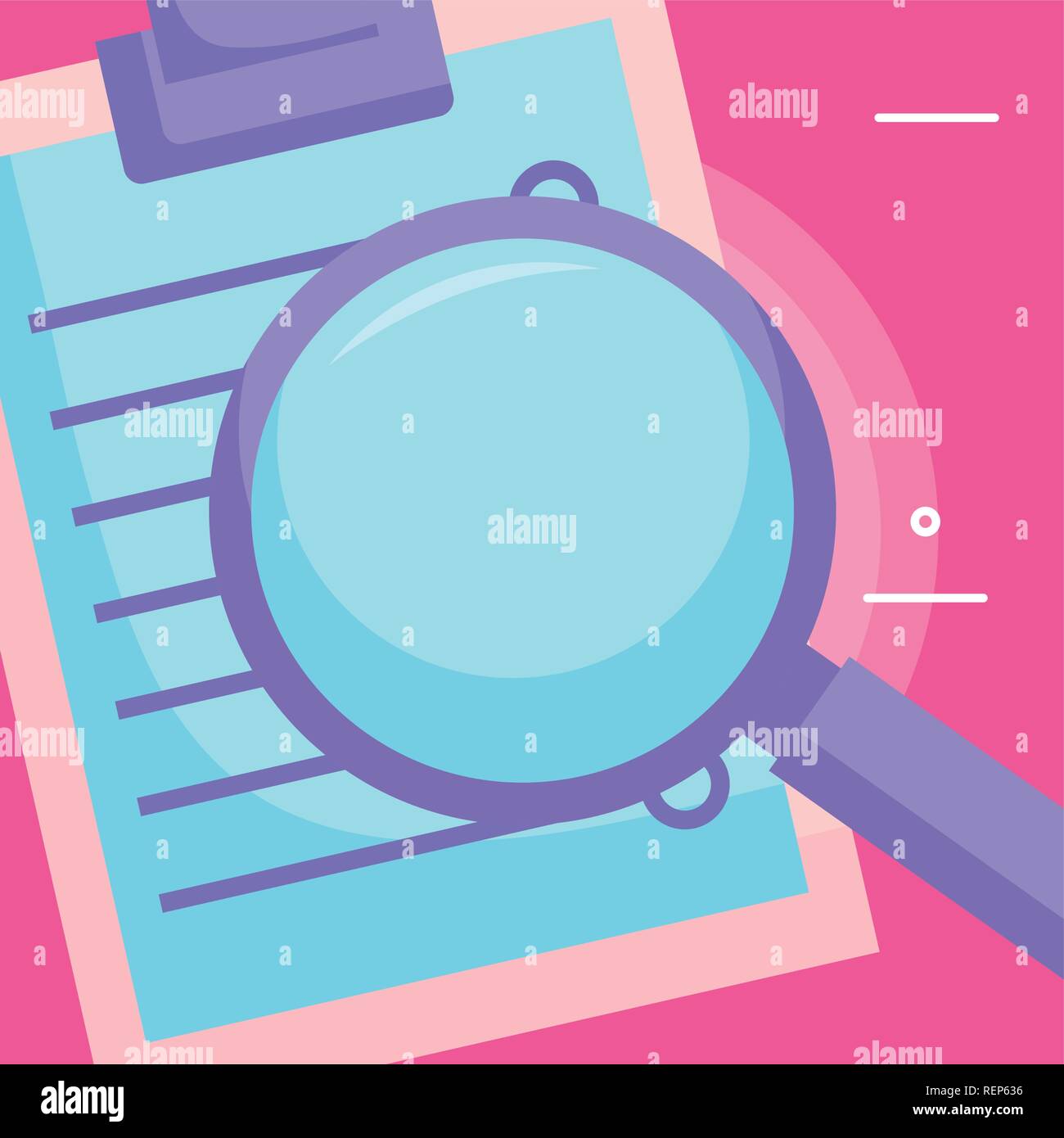 Magnifying glass and checklist Over pink background, vector ...