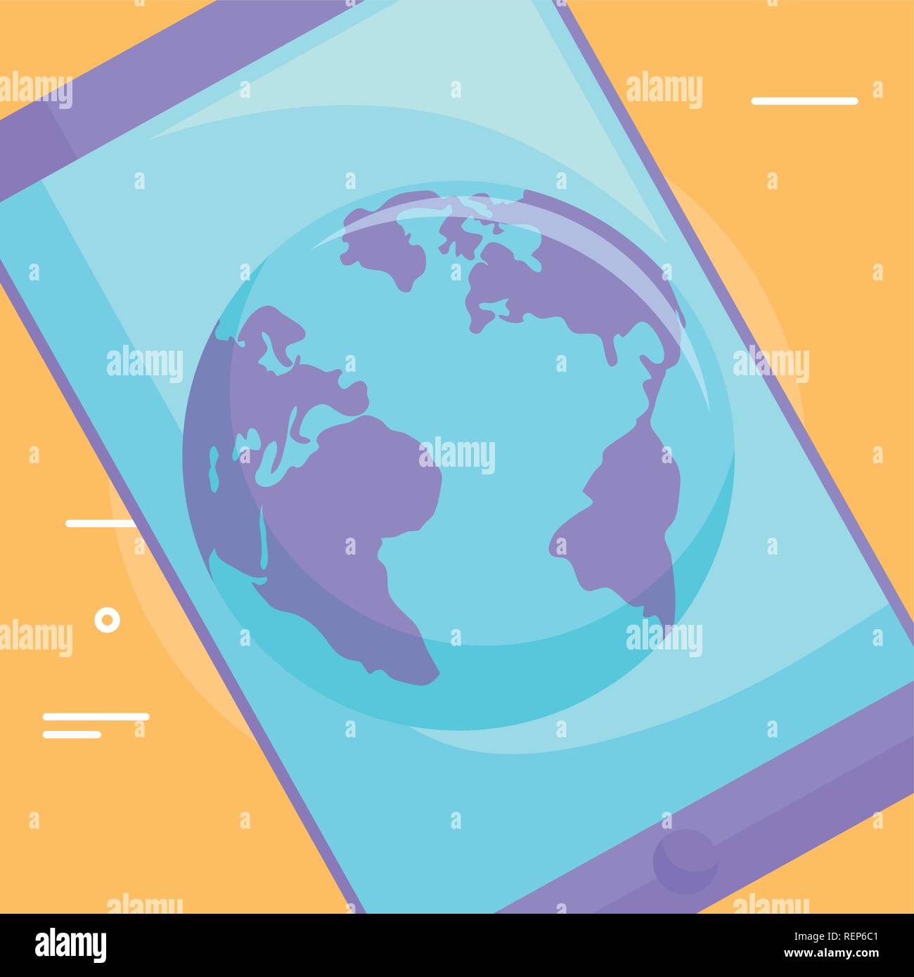 Smartphone device with earth planet icon on screen Over yellow ...