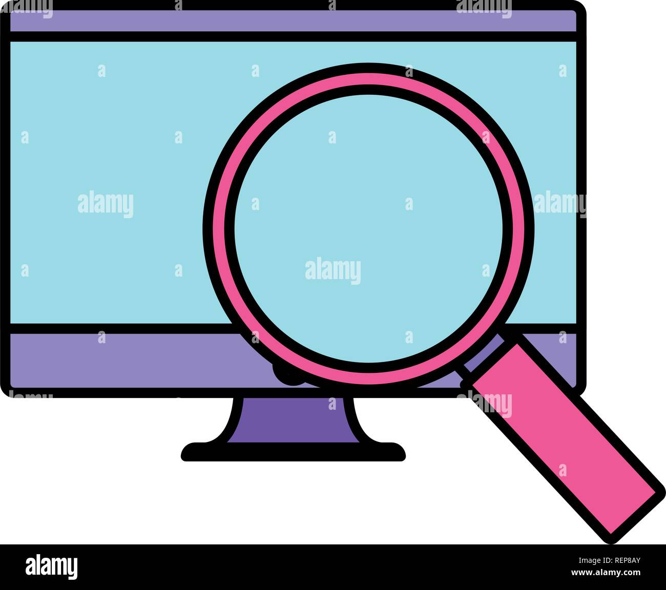 Computer and magnifying glass Over white background, vector ...