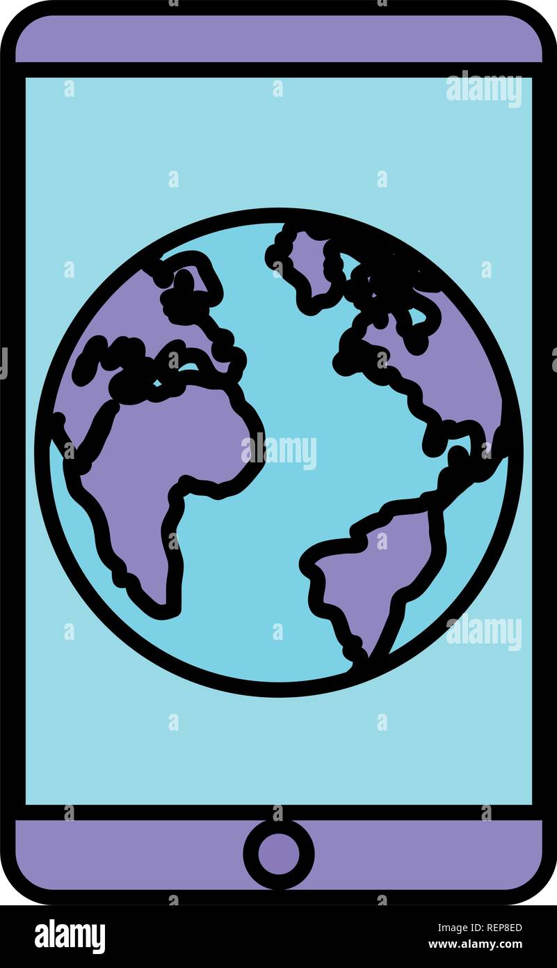 Smartphone device with earth planet icon on screen Over white ...