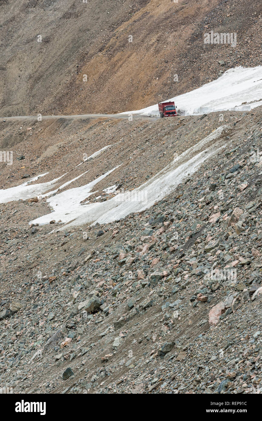 Truck passing Chong Ashuu pass at 3800 meters above sea level, Issyk ...