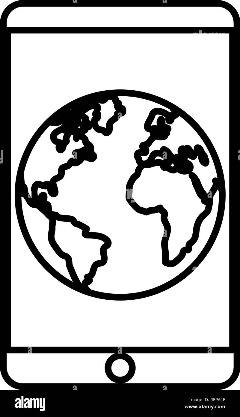 Smartphone device with earth planet icon on screen Over white ...