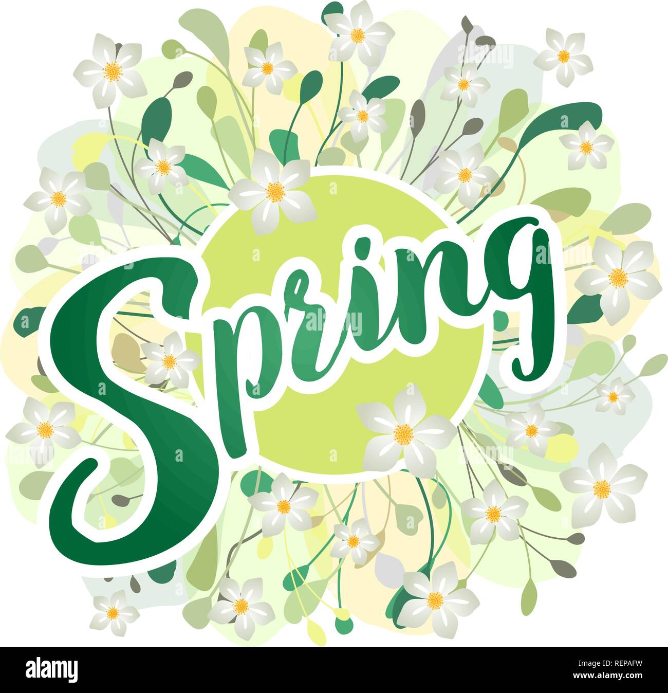 Spring - seasonal vector with green leaves, foliage and white spring ...