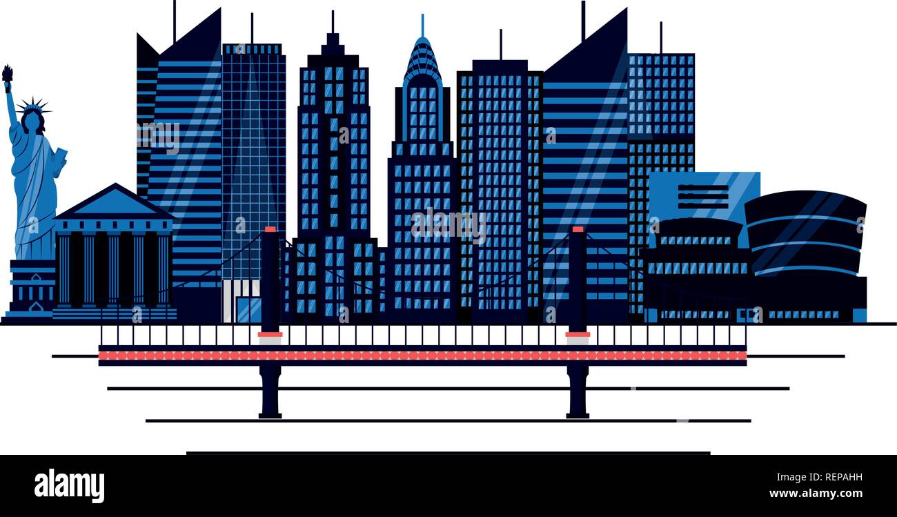 statue of liberty new york bridge skyscraper on white background vector ...