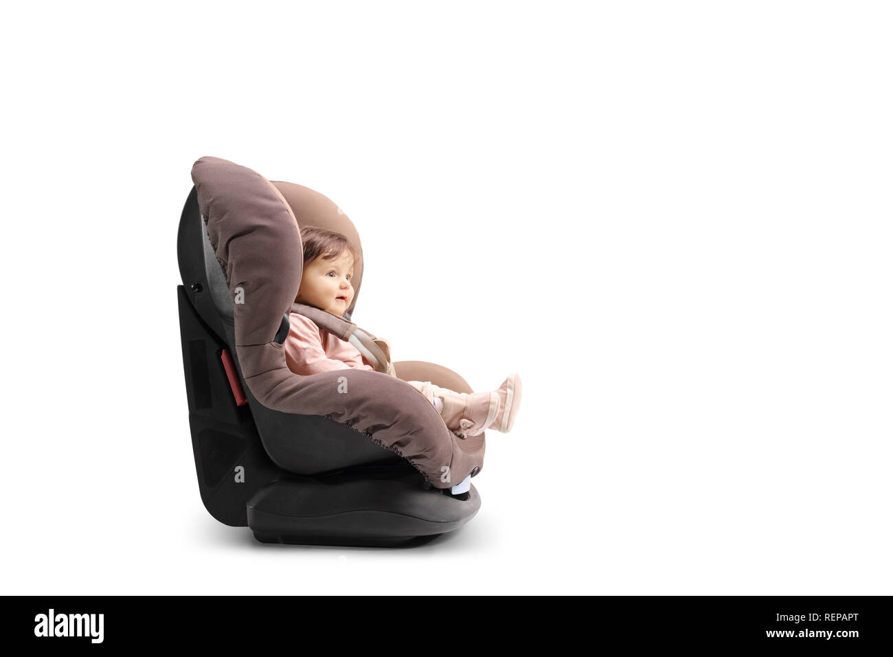 Baby girl strapped in a car seat isolated on white background Stock ...