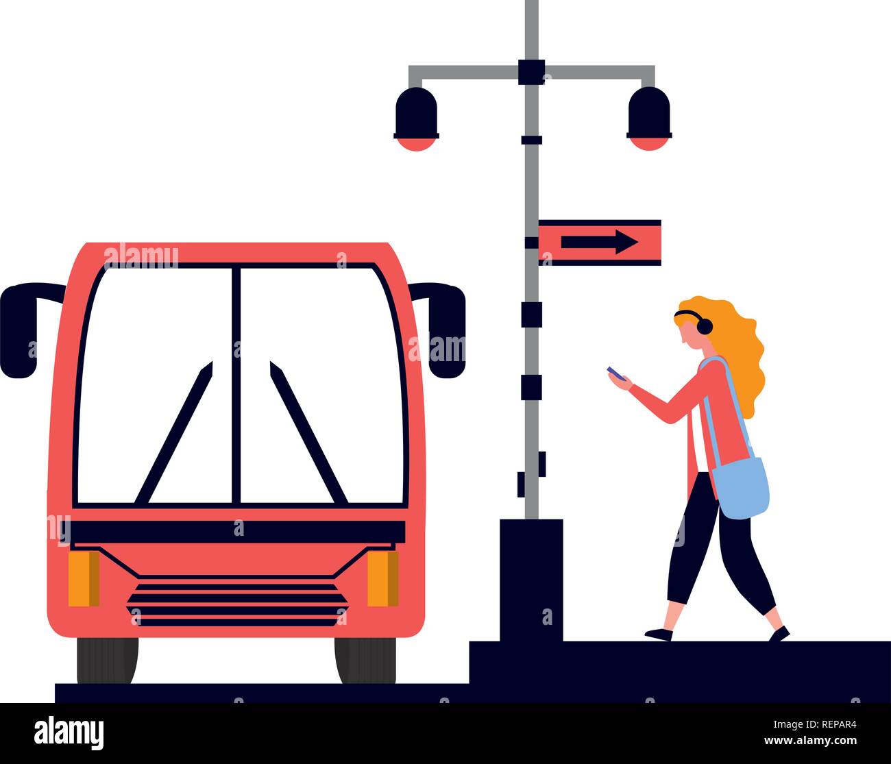 woman with mobile bus station lights sign vector illustration Stock ...