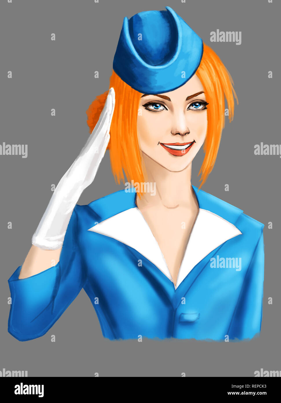 young beautiful comic cartoon style female flight attendant colorful ...