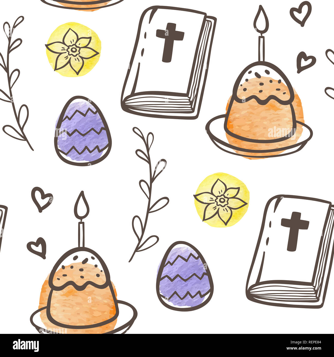 Hand drawn doodle Easter seamless pattern with eggs, cake and Bible on ...