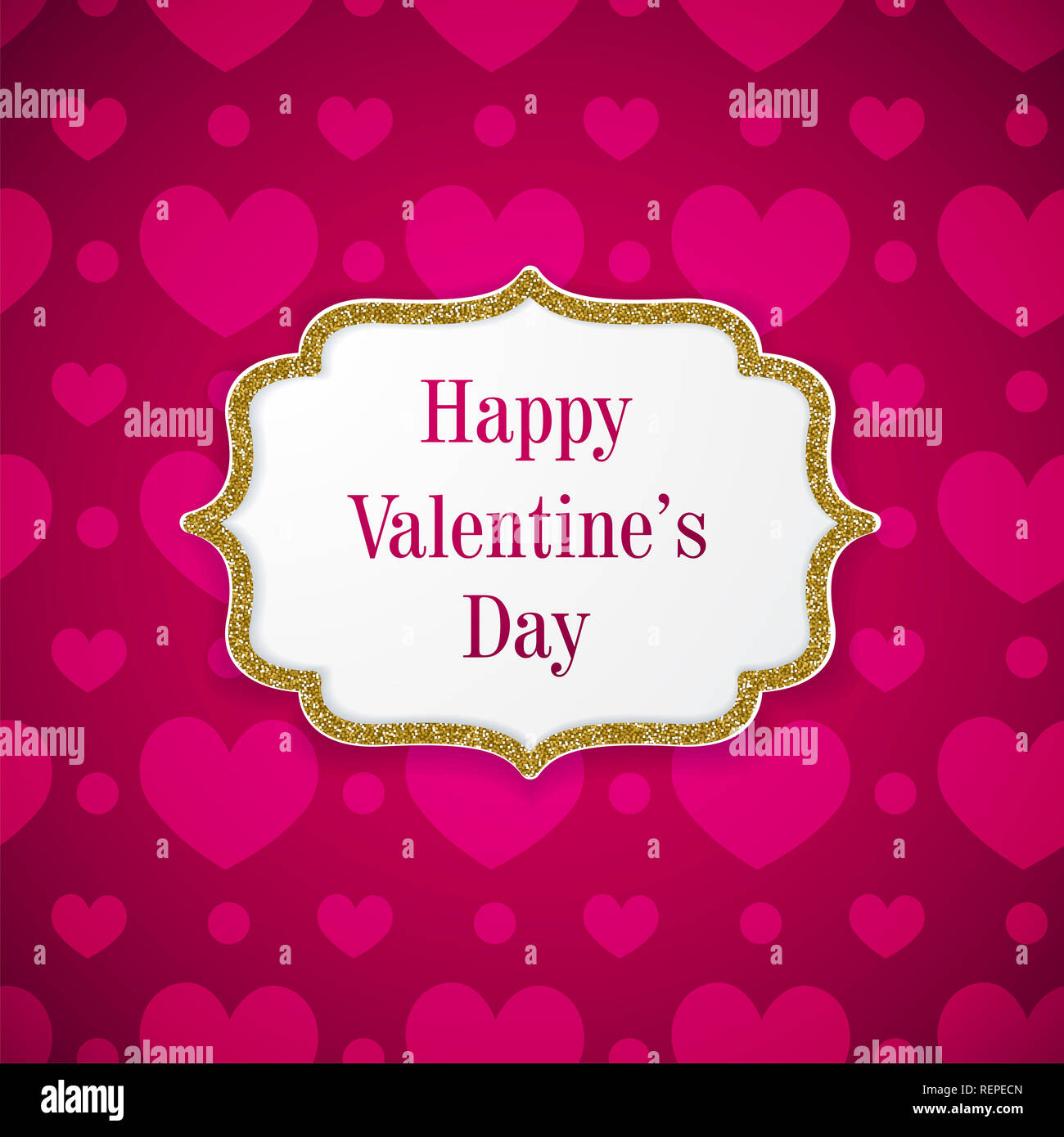 Pink vintage Valentine greeting card with hearts and golden frame ...