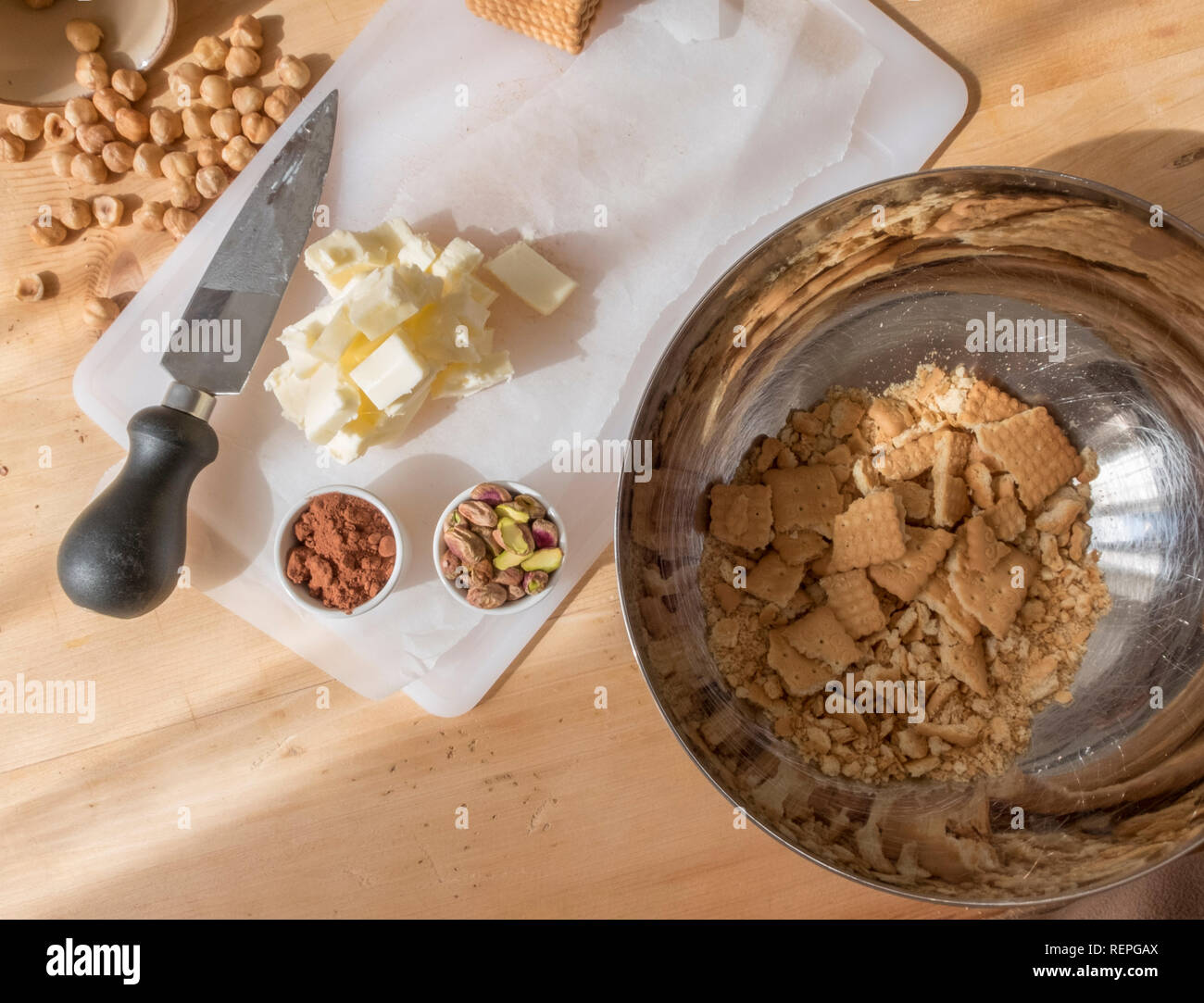 step of preparing the typical homemade cake with butter, cocoa, sugar ...
