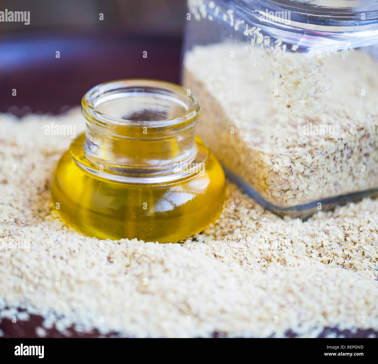 Wheat germ oil , closeup of wheat germ oil transparent bottle with ...