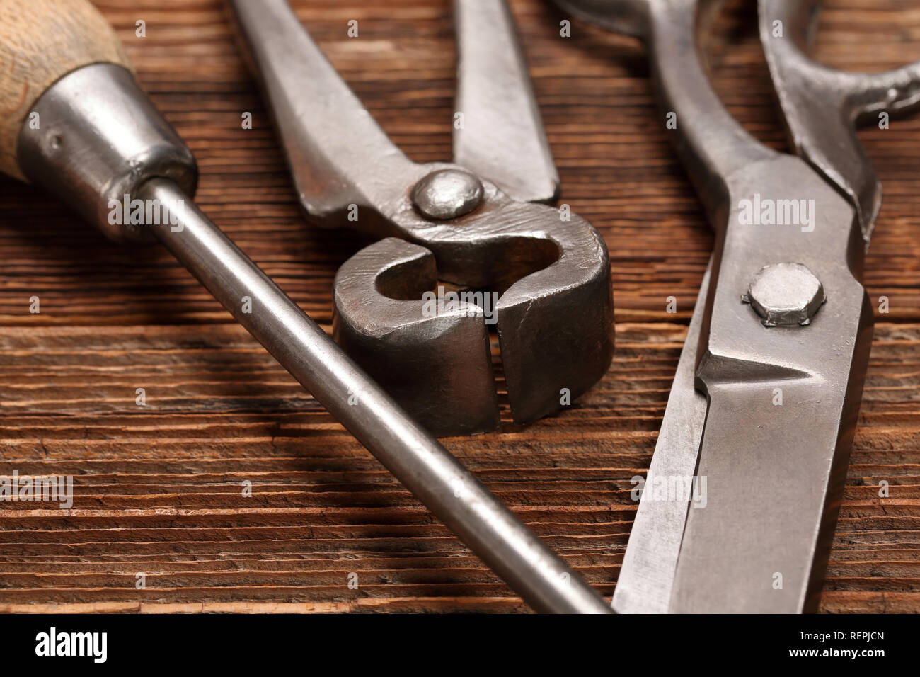 Vintage old hand tools on wooden background image for design work Stock ...