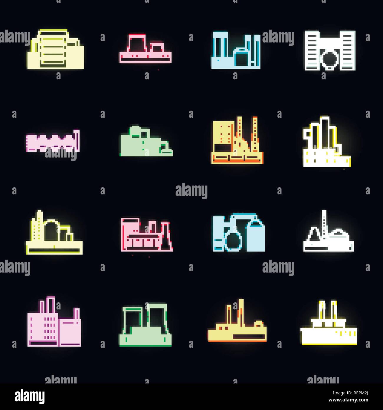 Factory and facilities neon icons in set collection for design. Factory ...