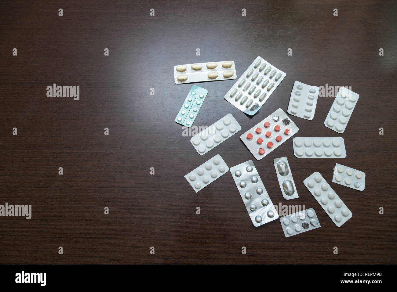 Packaging of tablets and pills on the table. Drug prescription for ...