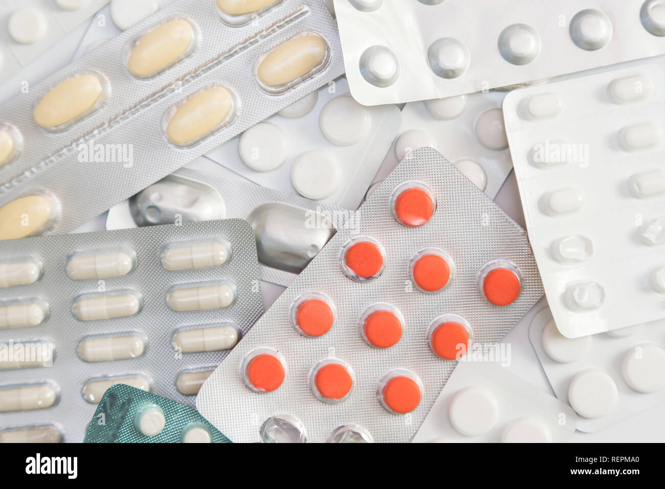Packaging of tablets and pills on white background. Drug prescription ...