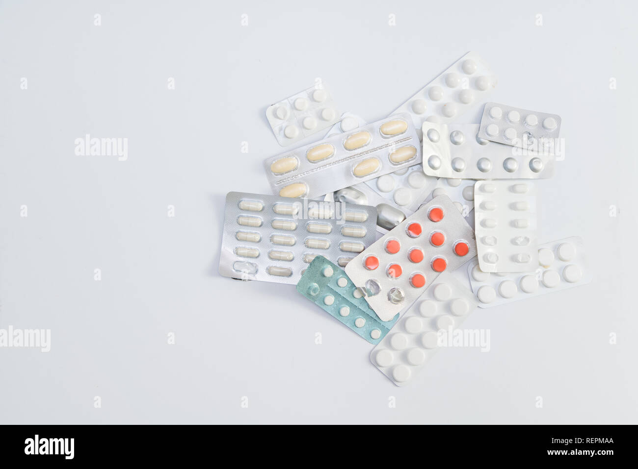 Packaging of tablets and pills on white background. Drug prescription ...