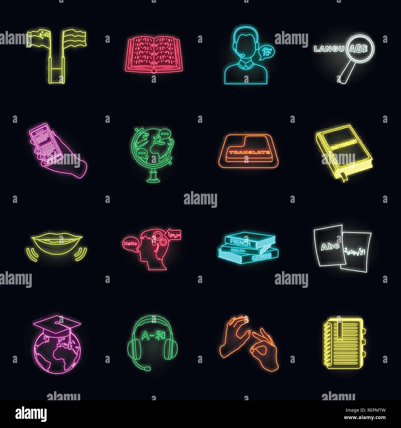 Translator and linguist neon icons in set collection for design ...