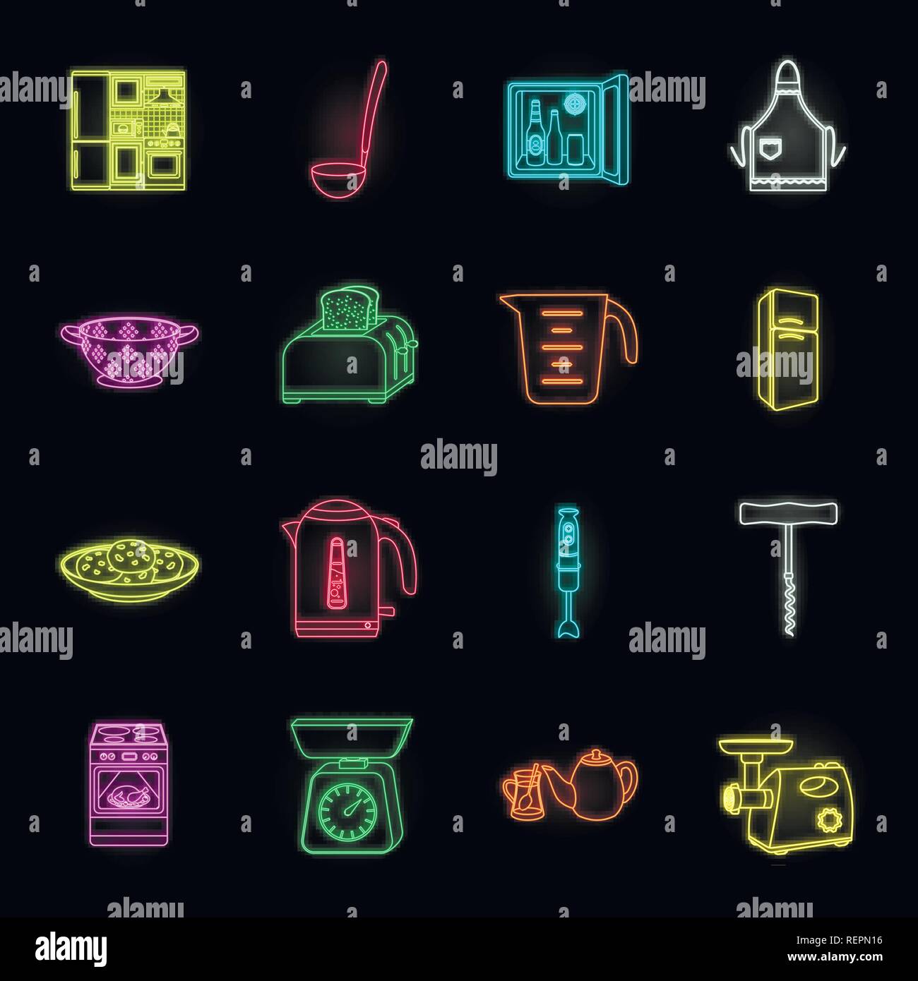 Kitchen equipment neon icons in set collection for design. Kitchen and ...