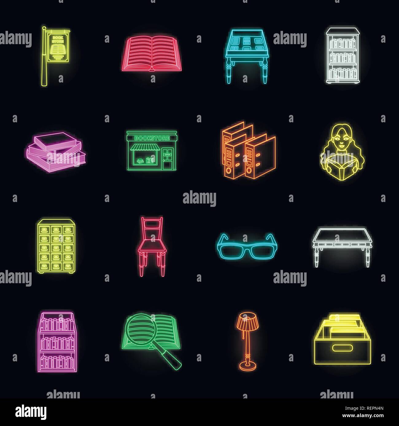Library and bookstore neon icons in set collection for design. Books ...