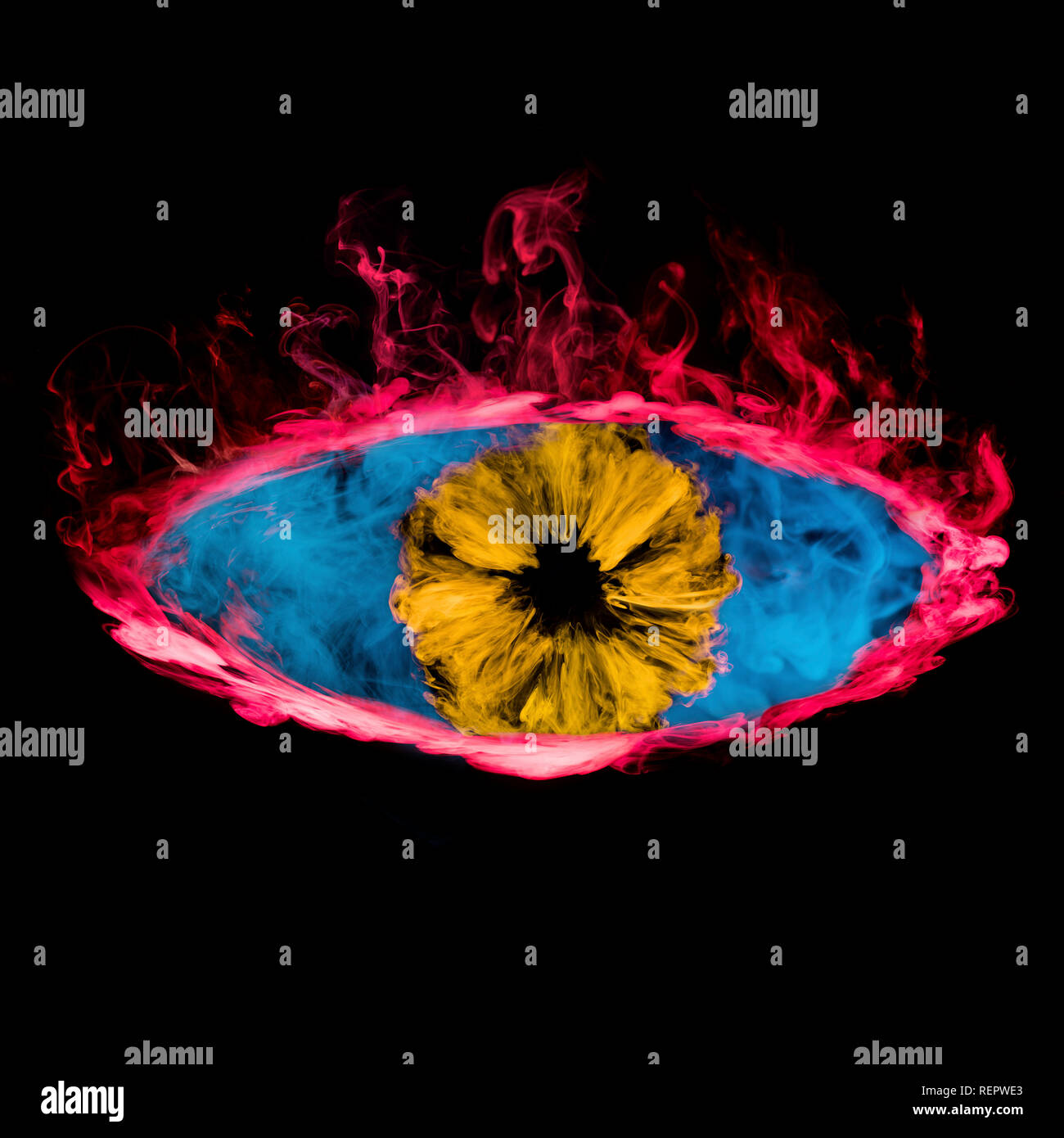 colorful eye symbol from red yellow and blue smoke on black background ...