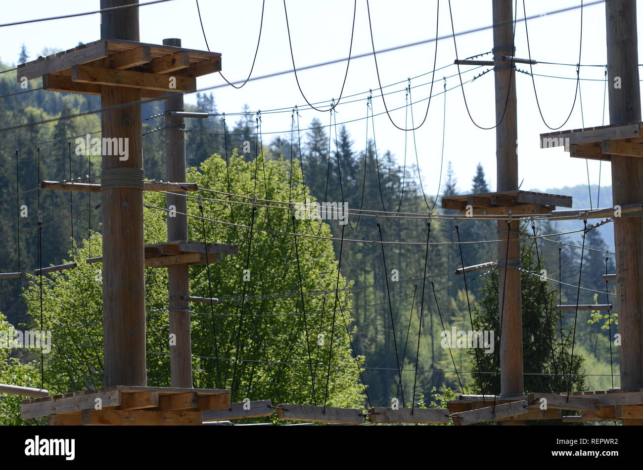 Wooden pillars and hanging ropes of a rope park on the background of ...