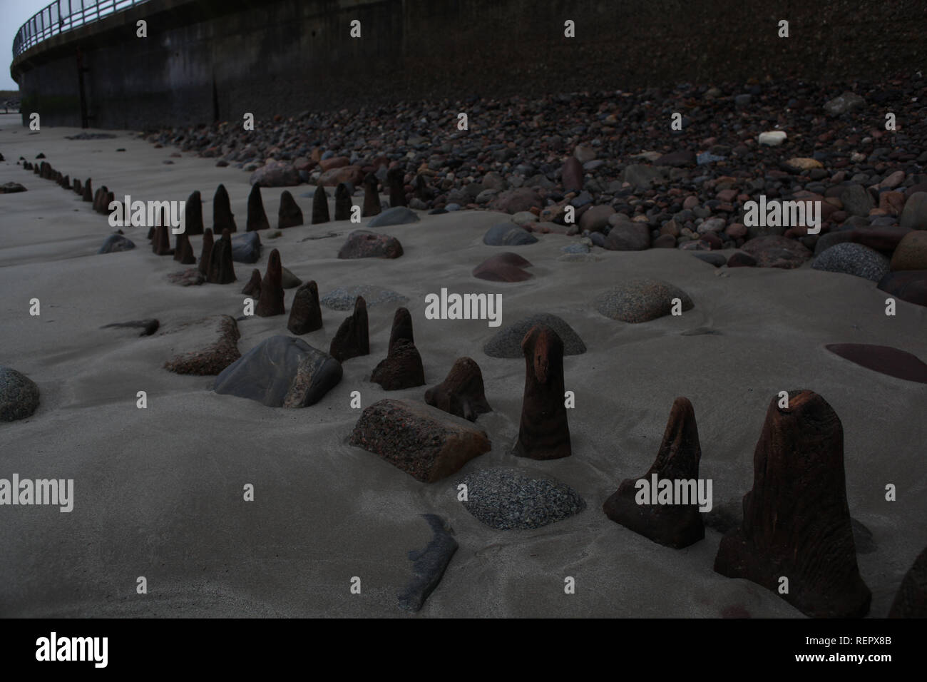Old Eroded Wooden Pier Points. Golspie Beach Sutherland Scotland Stock ...