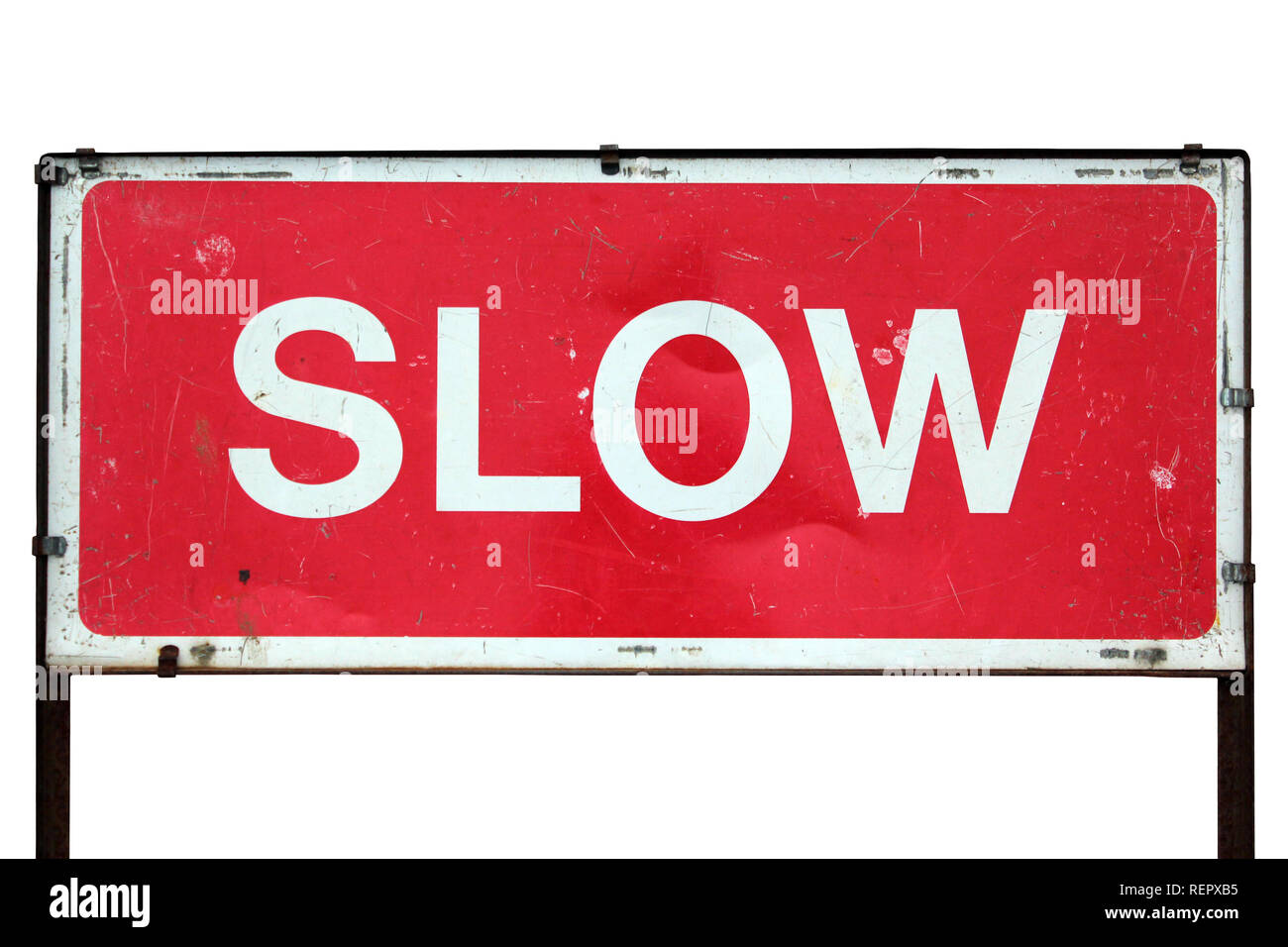 Slow red sign isolated on a white background Stock Photo - Alamy