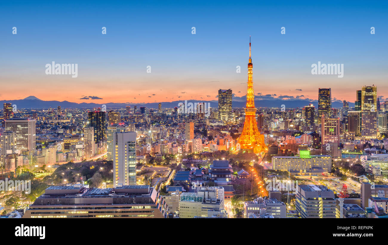 Tokyo, Japan cityscape panorama and tower at sunset with Mt. Fuji ...