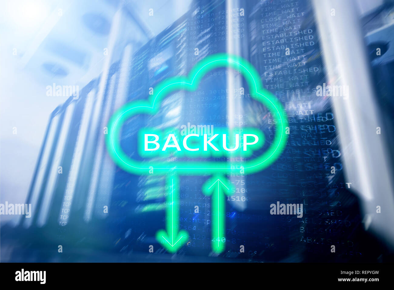 Backup button on modern server room background. Data loss prevention ...