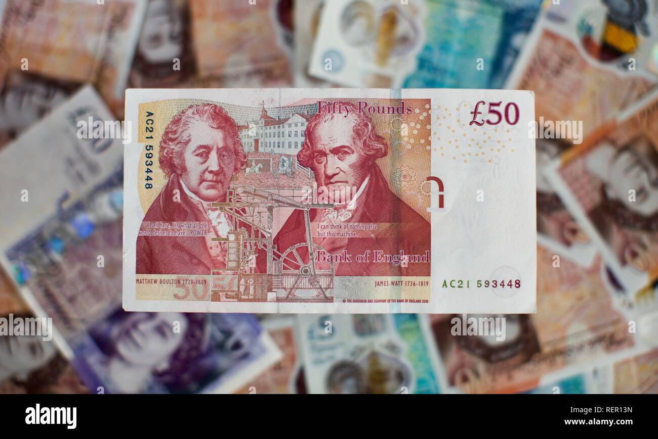 Bank of England £50 note with current £5, £10 and £20 banknotes in the ...